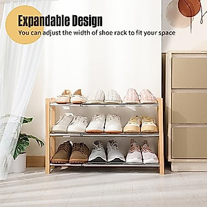 NUDUKO Expandable Shoe Rack Storage Organizer - Adjustable 3 Tier Small Shoe Rack Heavy Duty Free Wood and Metal Standing Shoe Shelf for Closet Bedroom Entryway (Natural)