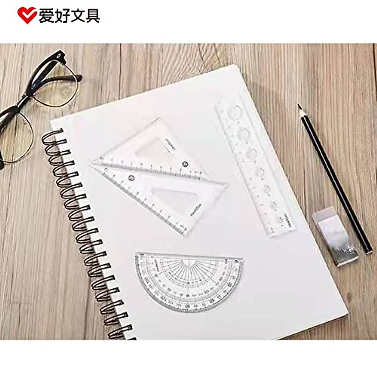 kmobruzy 4Pcs Math Geometry Tool Set Includes Plastic Clear Ruler Protractor Ruler for School Office-Home Supplies Ruler Measuring Tool