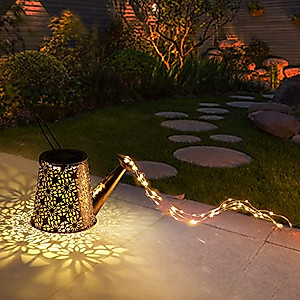 Solar Watering Can Outdoor Garden Decor, Warm waterfall String Lights Solar Lanterns, Landscape Lights for Front Yard Porch Lawn Driveway Patio Backyard Pathway Gardening Gift(With shepherd hook)