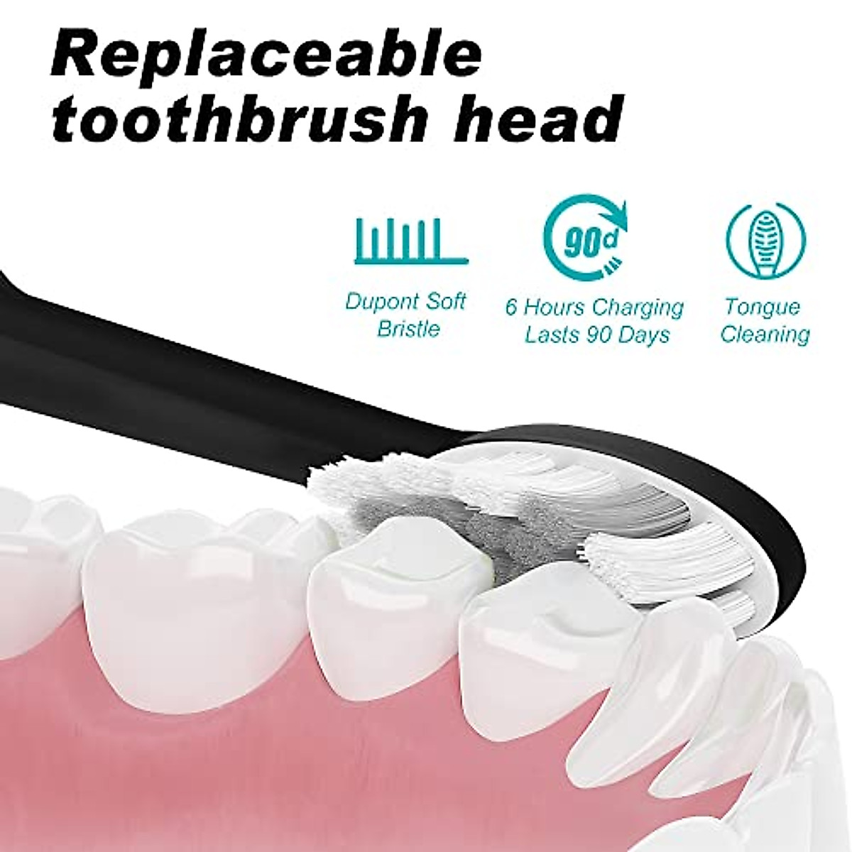 PSWCHENYL Sonic Electric Toothbrush USB Rechargeable with 6 Brush Heads 3 Modes with 2 Minutes Build in Smart Timer for Adults and Kids, One Charge for 60 Days IPX7 Waterproof Cleaning（Black）
