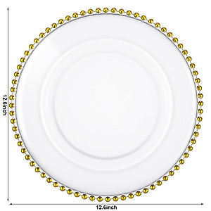 13 Inch Clear Plastic Round Charger Plates Table Dinner Charger Plates Clear Round Plates with Beaded Rim for Birthday Party Wedding Events Bridal Shower Dinner Decoration (Gold Bead, 12 Pack)