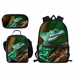 AmzPrint 15 Inch Lightweight Green Reptile Chameleon Backpack 3pc Kids Backpack And Lunch Box Set Girls Animal Print