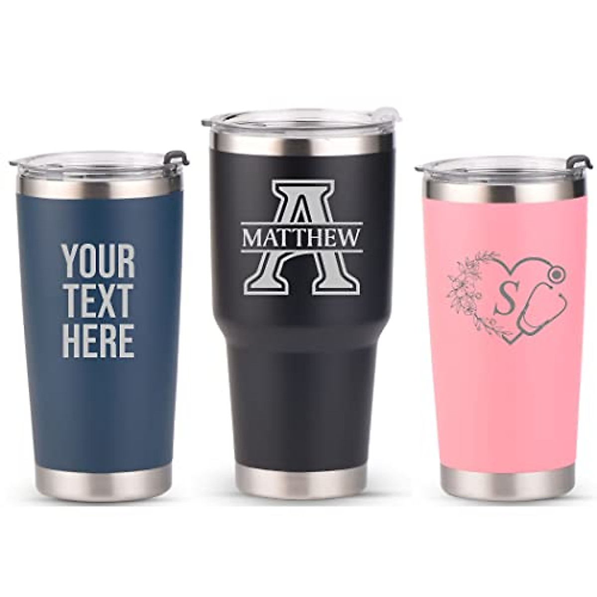 Custom Laser Engraved Insulated 20oz & 30oz Tumblers w/Splash Proof Lid - Personalized Gifts (20oz Tumbler, Navy Blue)
