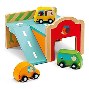 DJECO Early Learning Mini Garage - Cute Vehicle Toys for Toddlers - Fun & Creative Activity for Family & Friends - Wooden Automobile Set for Children 18+ Months Girls & Boys
