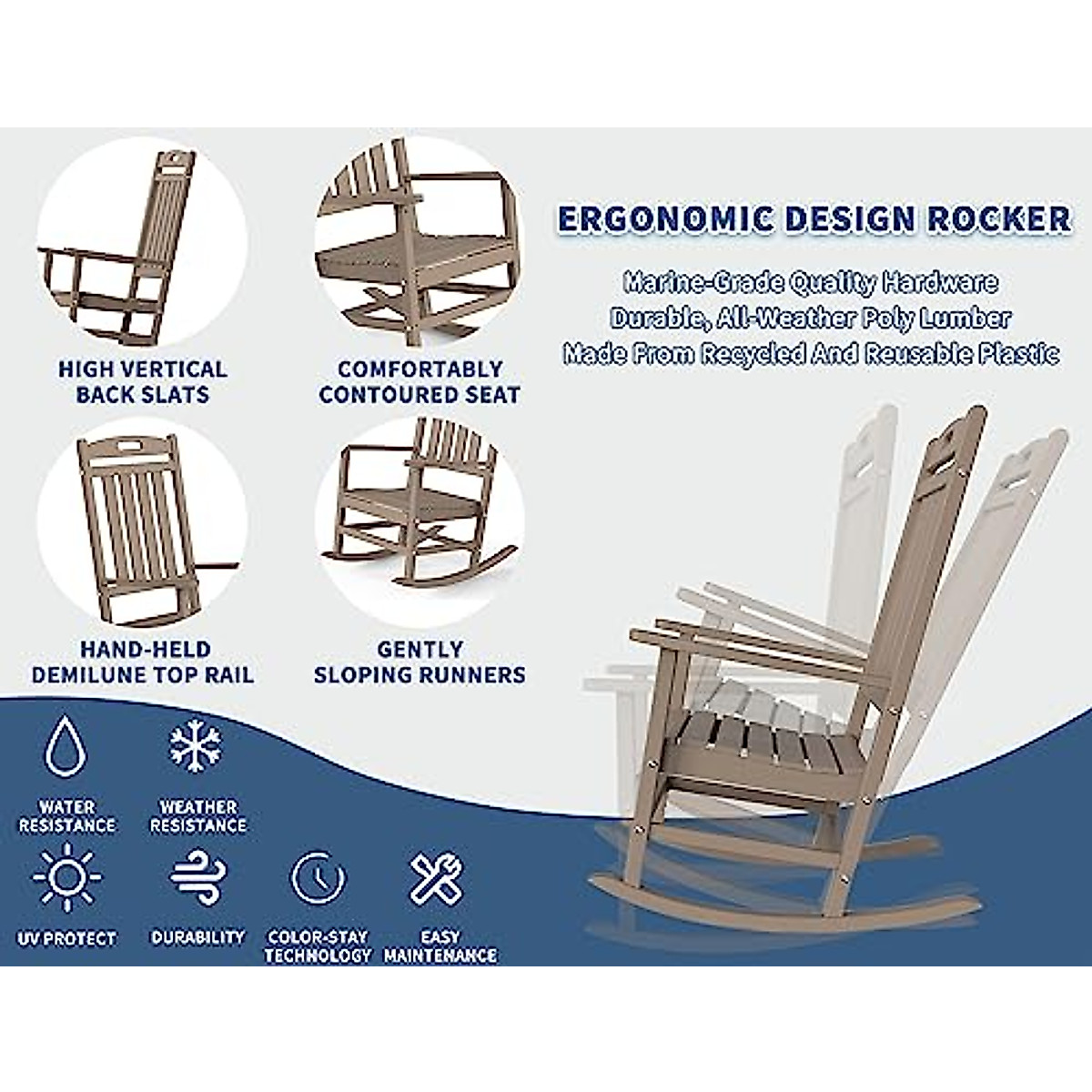 Outdoor Rocking Chairs, High Back Poly Lumber Patio Rocker Chair, 365Lbs Support Rocking Chairs, All-Weather Porch Rocking Chair for Lawn, Backyard, Indoor, Garden, Like Real Wood, Weathered Wood