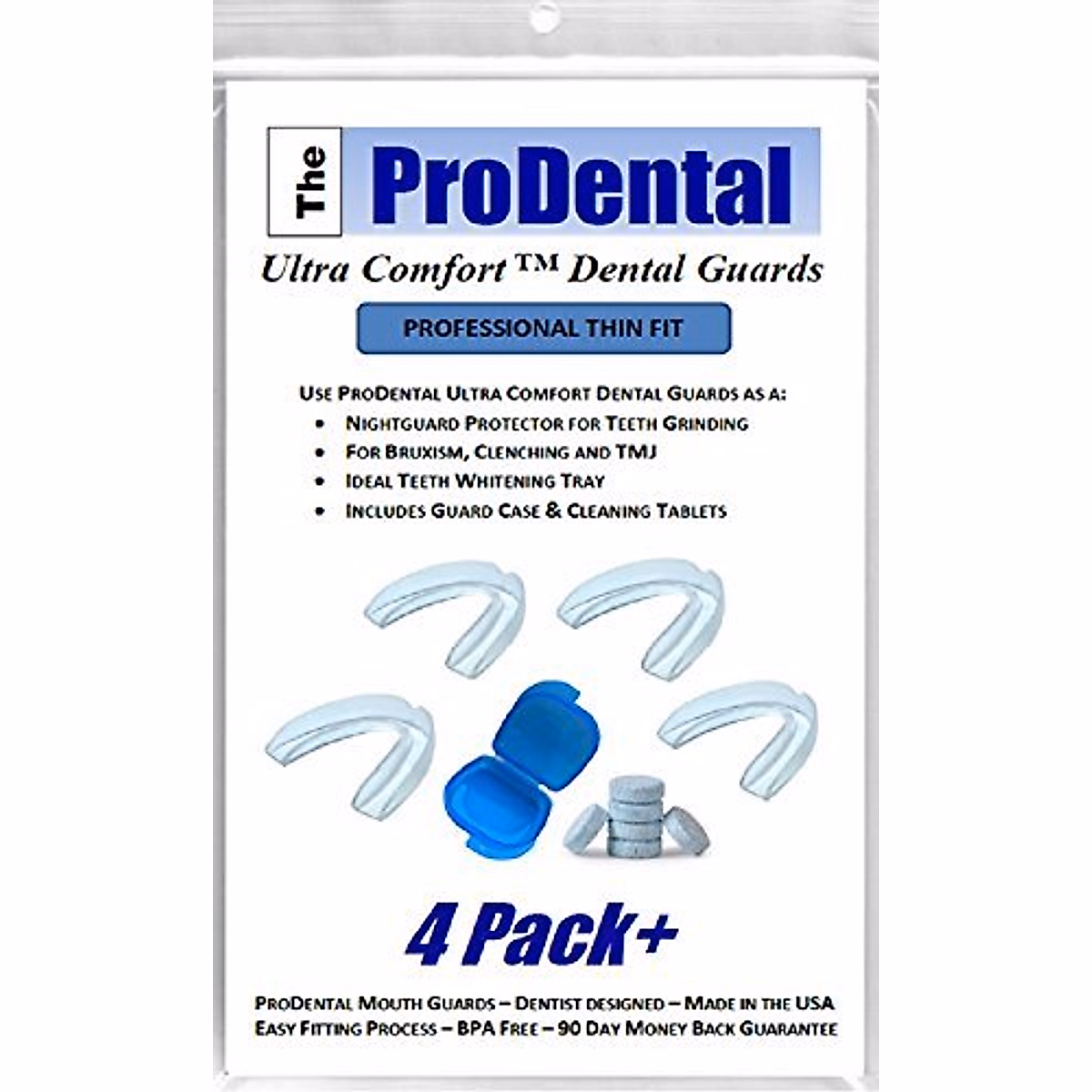 Mouth Guard for Grinding Teeth - 4 Pack, Thin and Trim Anti Grinding - Teeth Whitening Dental Guard, Stops Bruxism & Clenching Teeth at Night, USA Made - No BPA, Includes Night Mouth Guard Case