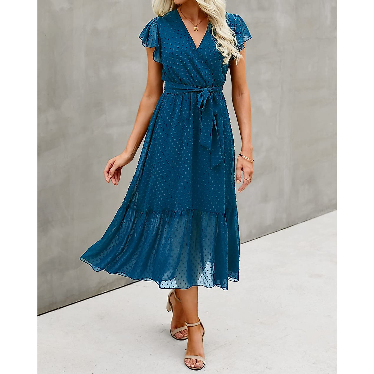 BTFBM Women Summer Bohemian Floral Casual Wrap V Neck Ruffle Cap Sleeveless Belt A-Line Pleated Hem Swing Midi Sun Dress (Swiss Dot Lake Blue, l)