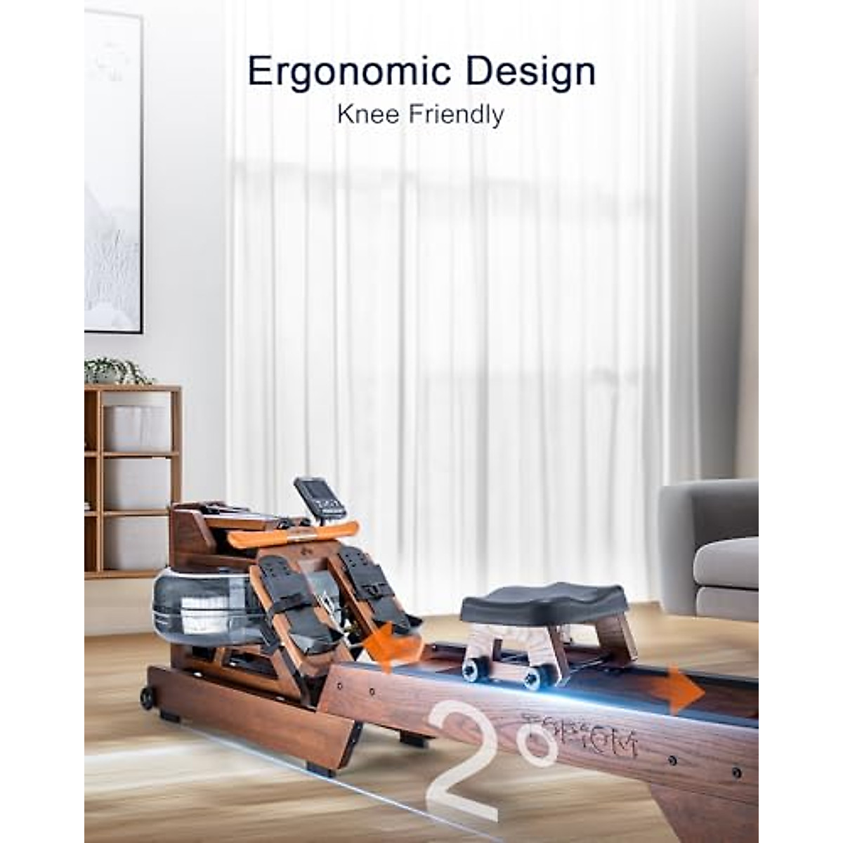 TOPIOM Water Rowing Machine for Home Use, Solid Wood Rower Machine with Upgraded Handle and Adjustable Footpad, TM3 Dedicated Monitor & Bluetooth Connection (Natural Adjust Footpad)