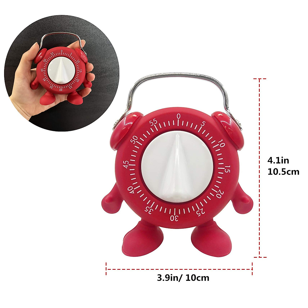 Vinseen Timer, for Kitchen Baking Teaching Cooking Egg Potty Training for Kids Cute 60 Mins Twist Wind-Up Mechanical Timer with Ring Alert, No Battery (Red)
