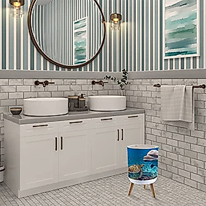 Small Trash Can with Lid Dolphin and Turtle Underwater on Reef 7 Liter Round Garbage Can Elasticity Press Cover Lid Wastebasket for Kitchen Bathroom Office 1.8 Gallon