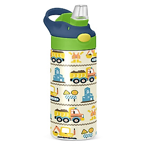 Cartoon Construction Truck Kids Water Bottle, BPA-Free Vacuum Insulated Stainless Steel Water Bottle with Straw Lid Double Walled Leakproof Flask for Girls Boys Toddlers, 12Oz