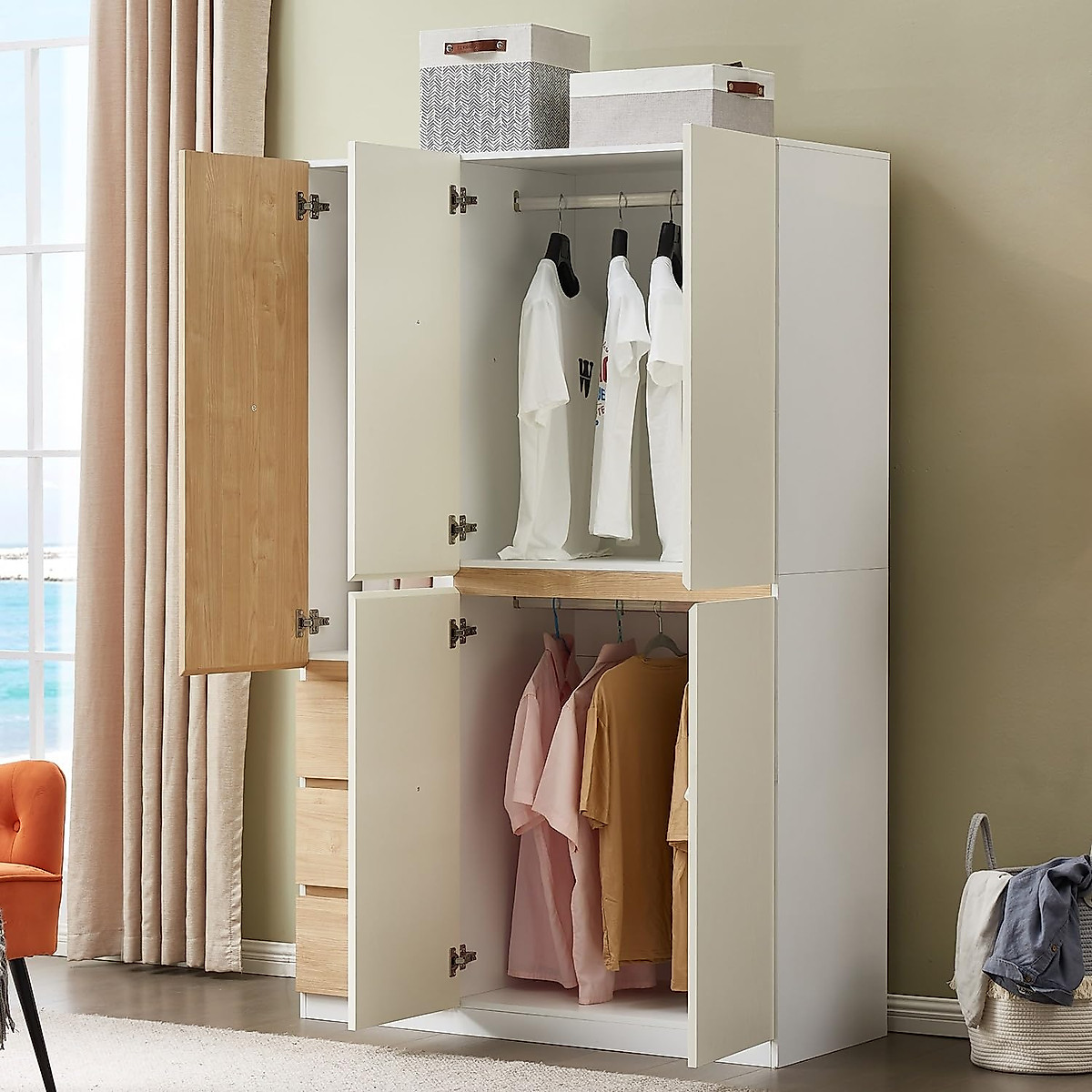 Idealcabin Closet Wardrobe 3 Doors White Wood Armoire Wardrobe Closet Cabinet with Hanging Rod 3 Drawers for Bedroom Armoires Tall Clothes Storage Closets(20.5" D x 47.2" W x 74.8" H)