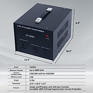 Yaeccc Voltage Converter Transformer, Step Up/Down (220V to 110V, 110V to 220V) - Efficient Power Conversion for International Travel and Home Use (5000W)
