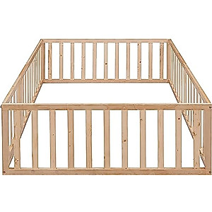 Harper & Bright Designs Full Size Floor Bed with Safety Guardrails and Door, Wood Toddler Floor Bed Frame for Girls/Boys, Full Montessori Floor Bed for Kids,Natural