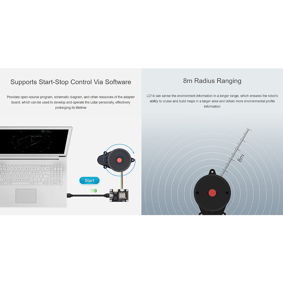 Waveshare 360° Omnidirectional Triangulation Lidar 8m Radius Ranging Software Start-Stop Control Robot Positioning Lidar UART Bus