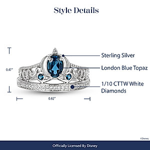 Jewelili Enchanted Disney Fine Jewelry Sterling Silver 6x4 MM London Blue Topaz with 1/10 Cttw Diamonds Cinderella Carriage Tiara Ring, Size 7
