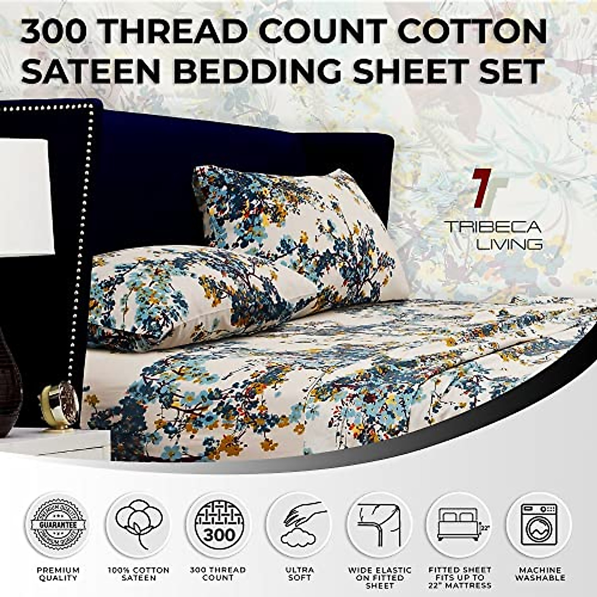 Tribeca Living King Bed Sheet Set, 300 Thread Count Soft Cotton Sateen, Floral Print with Extra Deep Pockets, 4-Piece Bedding Set, Casablanca/Multi