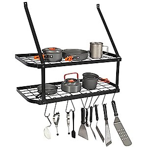 ALAPUR 2 Tier Wall Mounted Pot Rack Storage Shelf with 10 Hooks,Kitchen Pots and Pans Hanging Rack Holder for Utensils Cookware Household,Black