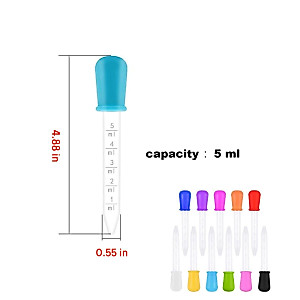 Eitonbu 11 Colors Liquid Droppers Clear Medicine Silicone and Plastic Pipettes Eye Dropper with Bulb Tip for Kids Candy Molds，Feed liquid dropper，Equipped with cleaning brush，For DIY Projects(5 ml