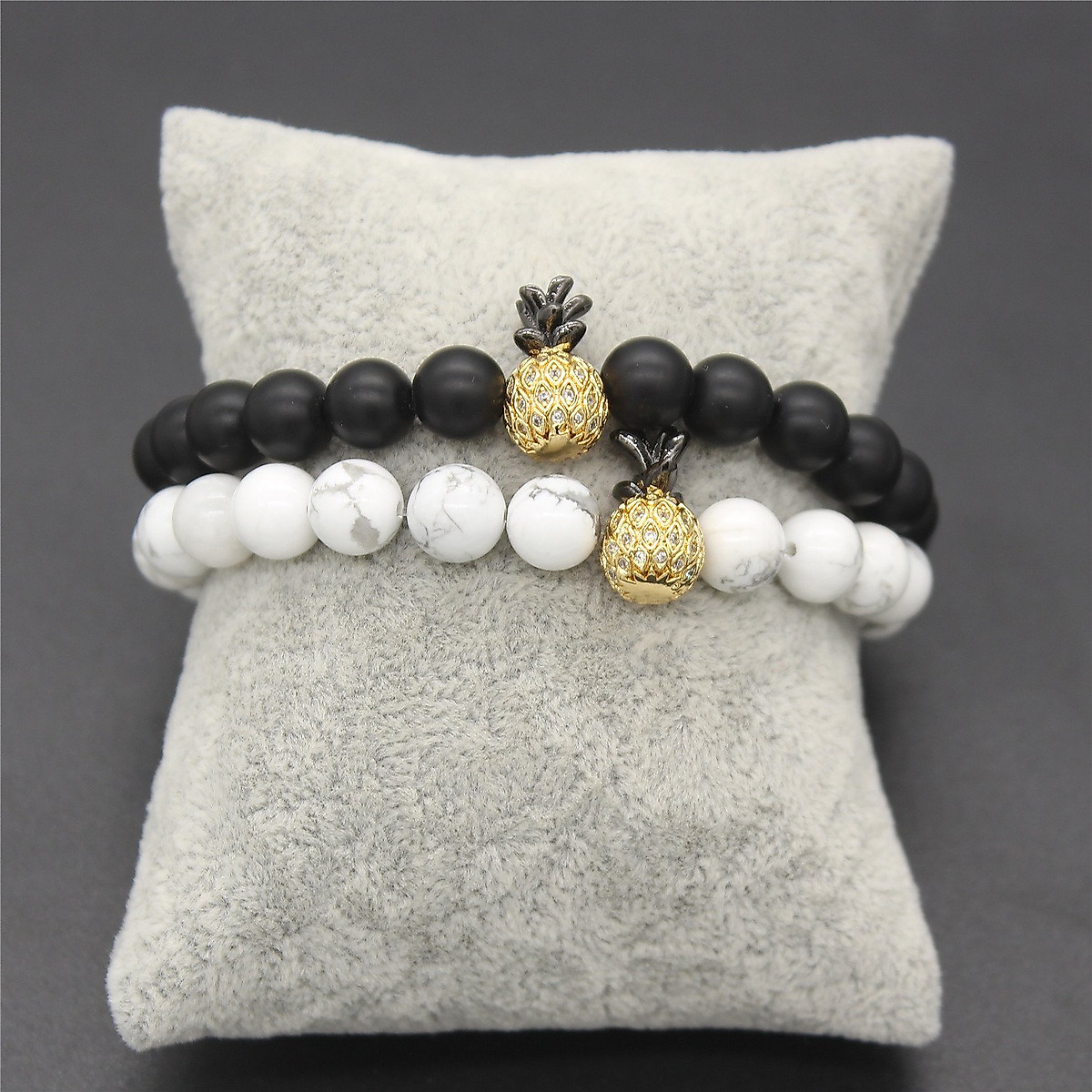 POSHFEEL CZ Pineapple Bracelet 8mm Black Agate & White Howlite Stone Beads Couple Bracelets, 7.6"+7.2"
