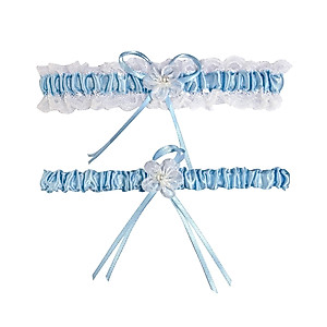 RIMOBUL 2 Pieces Wedding Garters Lace Bridal Garter Faux Pearls Garter for Bride with Toss Away（Light Blue）