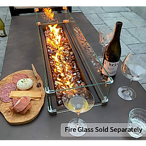 SUNBURY Outdoor Propane Burning Fire Pit, Patio Fire Table 50,000 BTU Fire Pit for Outside w Glass Wind Guard, Waterproof Cover (Rectangle, Dark Brown)
