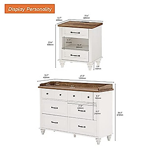 WAMPAT 3 Piece Dresser and Nightstand Sets for Bedroom,Mid-Century Modern Dresser with 6 Drawers,2 End Table with Charging Station, White