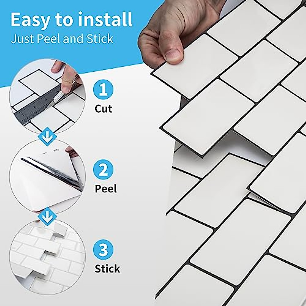 Art3d Backsplash Tile for Kitchen Peel and Stick, 10-Sheet Stick on Subway Tiles for Kitchem, Bathroom Back Splashes, 12"x12", Warm White with Black Grout