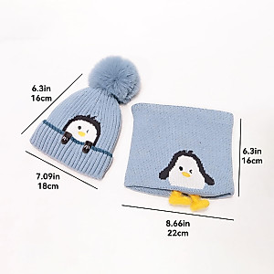 Toddler Winter Beanie Hat Scraf Set, Cute Cartoon Penguin Knitted Hats Soft Warm Infant Hat with Pompom for Baby Boys and Girls 1-3 Years (Blue)