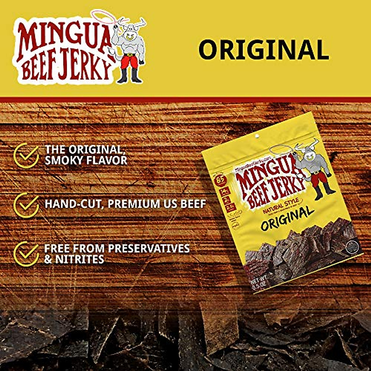 Mingua Beef Jerky in Original Flavor - Nitrite-Free Dried Meat - 100% US Beef (Two 3.5-Ounce Bags)