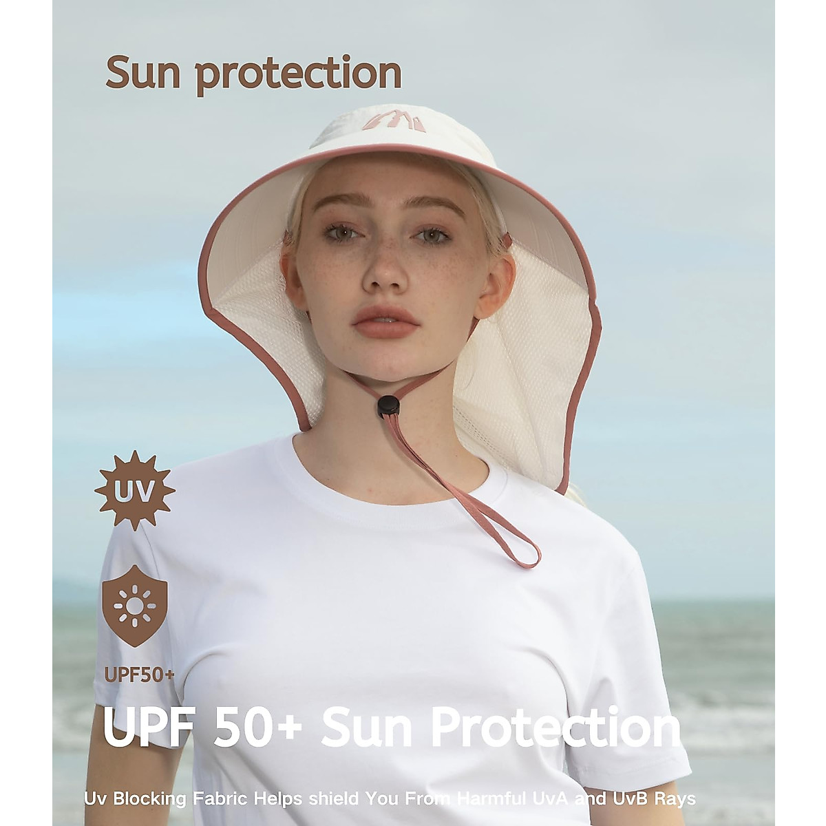 Sun Hats for Women Wide Brim Beach Sun Hat UV 50+Protection Packable HAT for Women Hiking Fishing with Neck Flap Off-White