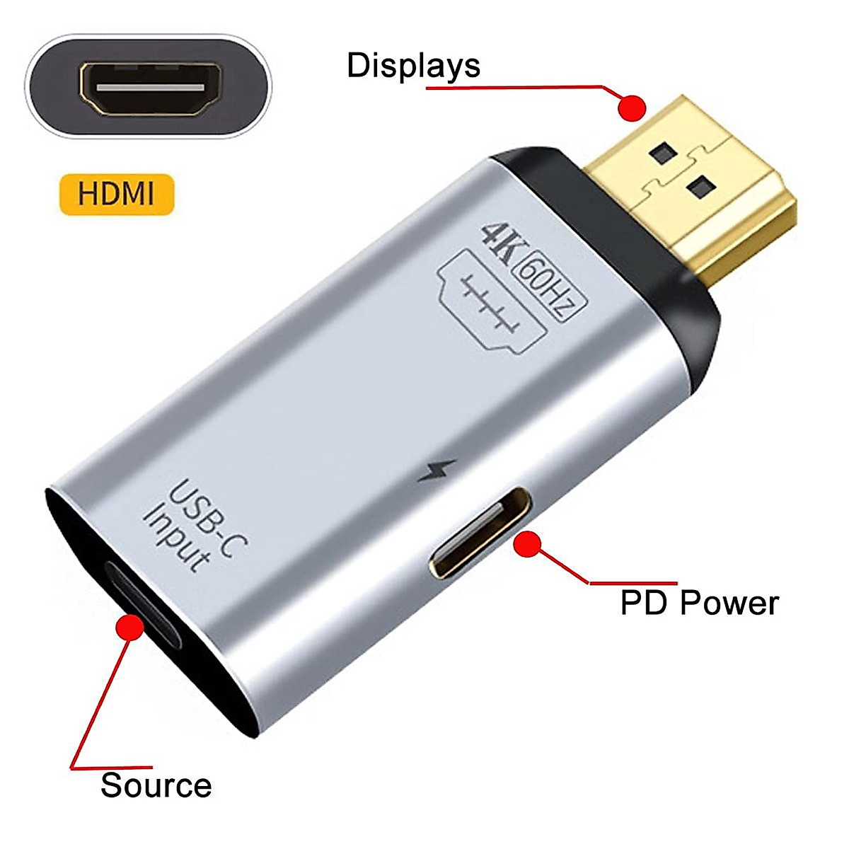 Chenyang USB-C Type-C Female Source Input HDMI Male Output 4K 60Hz 1080P Adapter with PD Power Port for Phone & Laptop