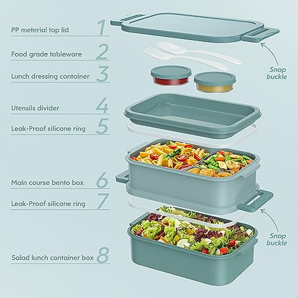 Jelife Bento Box Adult Lunch Box - 72oz Stackable Bento Lunch Box for Adults, 3 Layers Leak-Proof All-in-One Large Bento Box Lunchbox with Utensil Sauce Dressing Containers for Dining Out,Work, Green