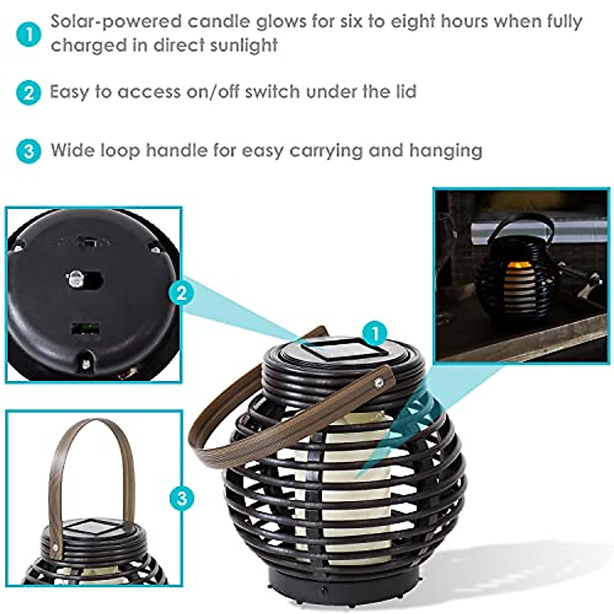 Sunnydaze Lerena Black Outdoor LED Hanging Solar-Powered Lantern with Candle - Plastic - 6-Inches Tall - Light Up Your Yard, Deck, Patio, Porch, or Garden