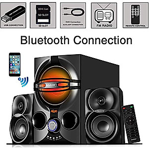 Boytone BT-424FN, 2.1 Multimedia Bluetooth Speaker System Powerful Shelf Stereo Wired Systems, FM, SD Slot, USB Port, MP3 Format, 40 Watts, Reactive LED Light, Remote Control, for Smartphone, Tablet