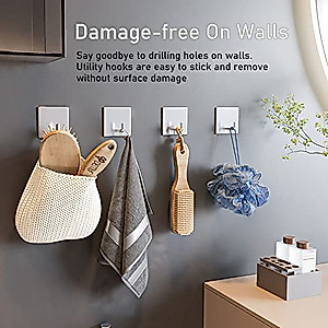 JIQGOZBAN Towel Hooks for Bathrooms 4 Packs, Self Adhesive Wall Hangers Heavy Duty Stainless Steel Hanging, Door Hanger Hook Suitable for Bathroom, Bedroom, Kitchen, Hotel & Pool (Brushed Silver)