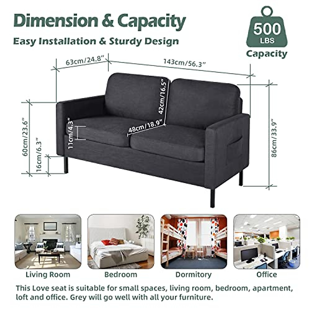 STHOUYN 56" W Fabric Loveseat Sofa with 2 USB, Small Couches for Living Room, Bedroom, Office, Easy Assembly & Comfy Cushion, Dark Grey