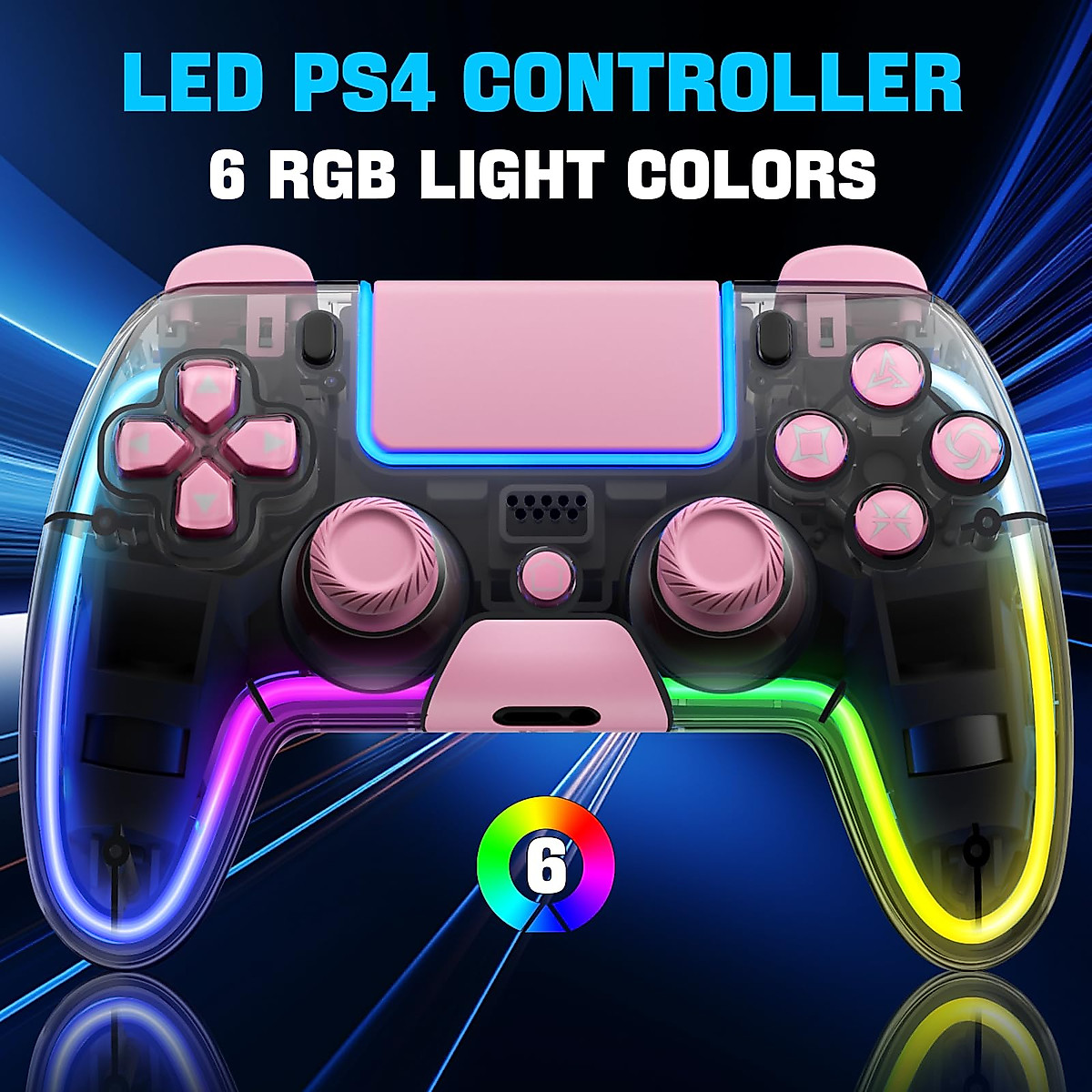 Honghao Controllers for PS4,Pink Wireless PS4 Remote Controller with Hall 3D Joystick, Dual 4 Shock RGB Custom Game Controllers for Playstation 4/PS4/PS4 Pro/PS4 Slim (Pink)