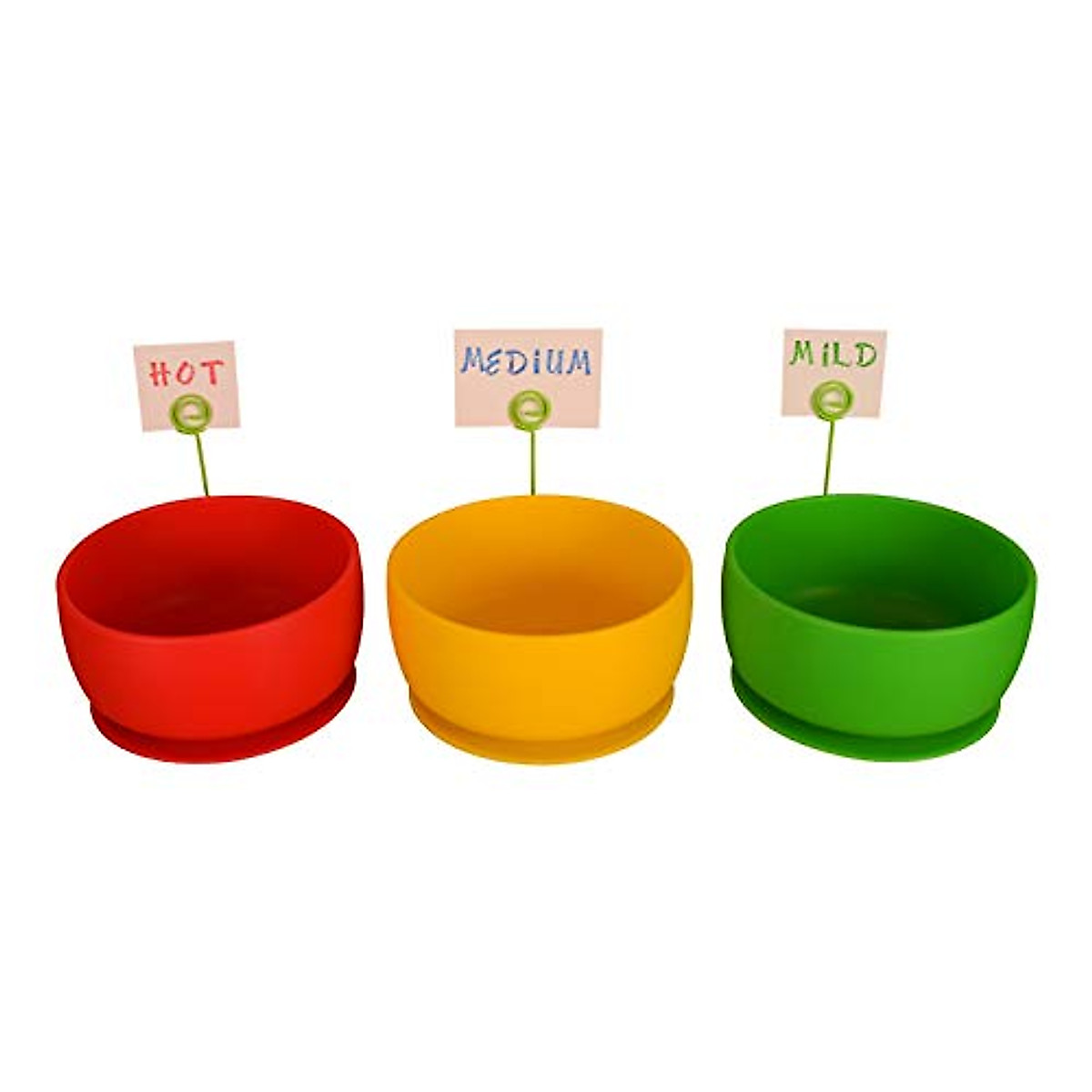 Chip and Dip Serving Set - Stick & Dip Salsa Serving Bowls Set of 3 with Fiesta Colors for Taco Party Dipping Sauce Bowls w/ Lids - Unbreakable Silicone with Suction Bottom for Guacamole or Queso