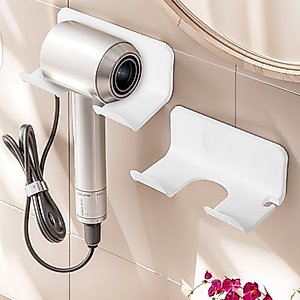 Gjinxi 2Pcs Universal Hair Dryer Holder, Blow Dryer Holder Wall Mounted, Adhesive Hair Dryer Hook with Plug&Cord, Sticke on Wall Hair Dryer Organizer for Cabinet Bathroom (White)
