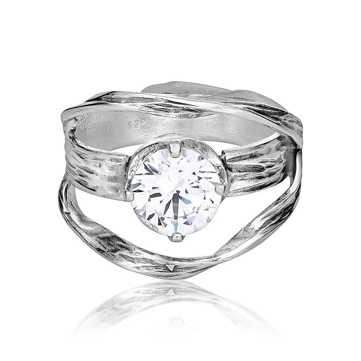 JEAN RACHEL JEWELRY 925 Sterling Silver Ring With White Round Cubic Zirconia Prong, Vintage Antique Look, Hypoallergenic, Nickel and Lead-free, Artisan Handcrafted Designer collection, Made In Israel