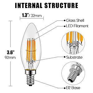 Emotionlite LED Light Bulbs, Dimmable Candelabra Bulbs, E12 Base, Warm White, Chandelier Light, Ceiling Fan Bulb, 40W Equivalent, 4W, 2700K, 350LM, UL Listed, 6 Pack