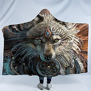 Wolf Warrior by SunimaArt Wolf Plush Wearable Hooded Blanket for Adult or Kids Sherpa Fleece Throw Animal Blanket with Hood (60"x 80")