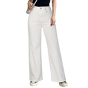 HDLTE Women's Wide Leg Jeans High Waist Baggy Jeans Loose Boyfriends Jeans White