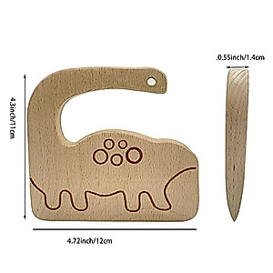 FYLFOTA Wooden Kids Knife for Cooking, Toddler Safe Knife for Cutting Vegetable Fruit, Cute Dinosaur Shape Kids Kitchen Tools- Kids Chef Knife with Original Wood, No Paint