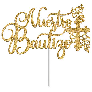Nuestro Bautizo Cake Topper, Mi Primera Comunion, First Holy Communion, Bridal Shower/Wedding/Baptism/Christening Baby Shower Party Decorations, Gold Glitter