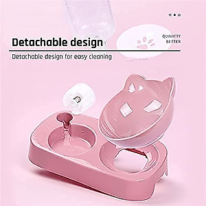 Cat Dog Water and Food Bowls, Tilted Raised Water Bottle and Food Bowl Set, Automatic Feeder Pet Food Bowl with Water Dispenser, Pet Bowl Sets, Pink for Kitten and Puppy, 11.81 x 6.5 x 11.02 inches