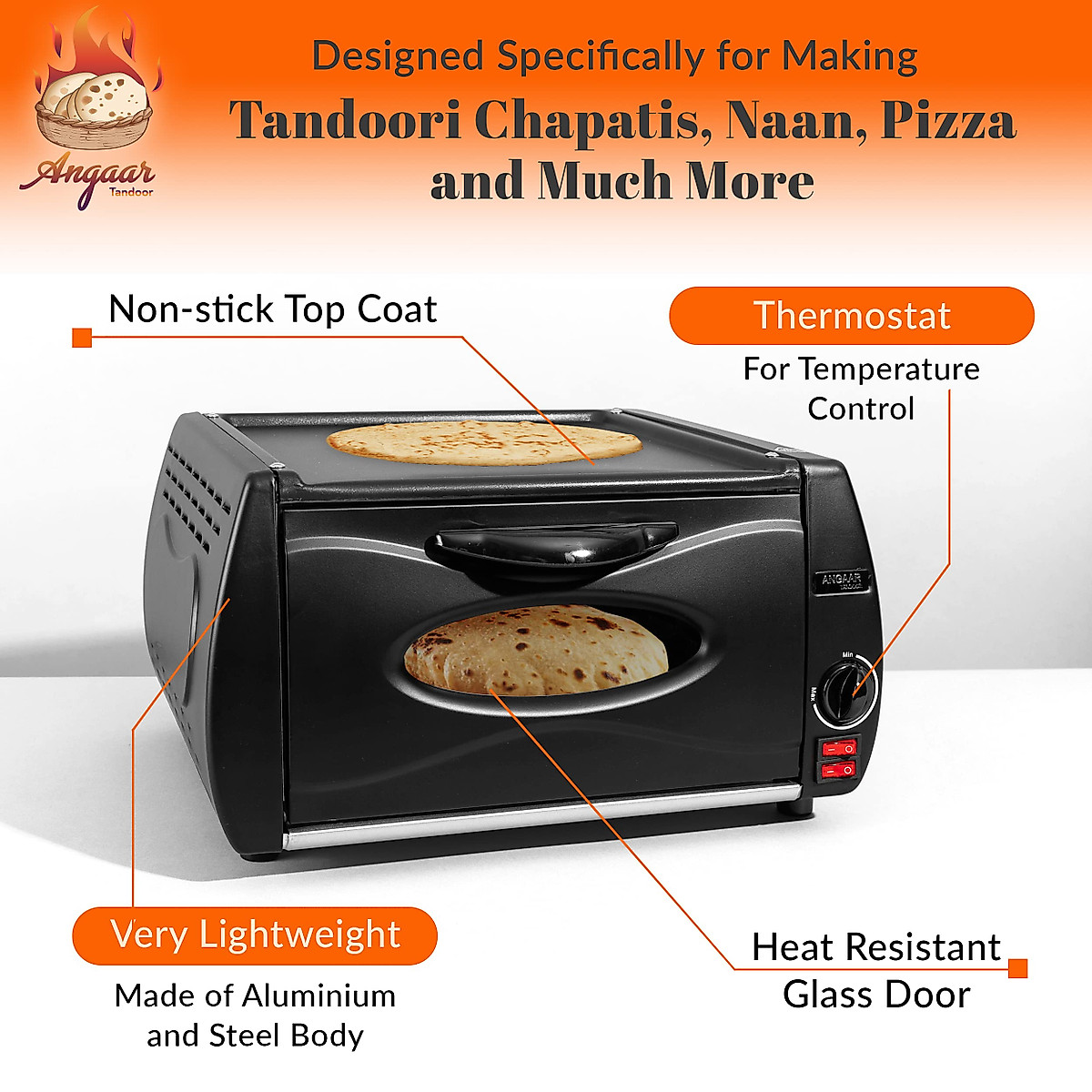 Mini Tandoor Oven Angaar Tandoor Electric Oven 4 Minute Pizza Maker - Table Top Pizza Oven, Tandoori Roti, Naan