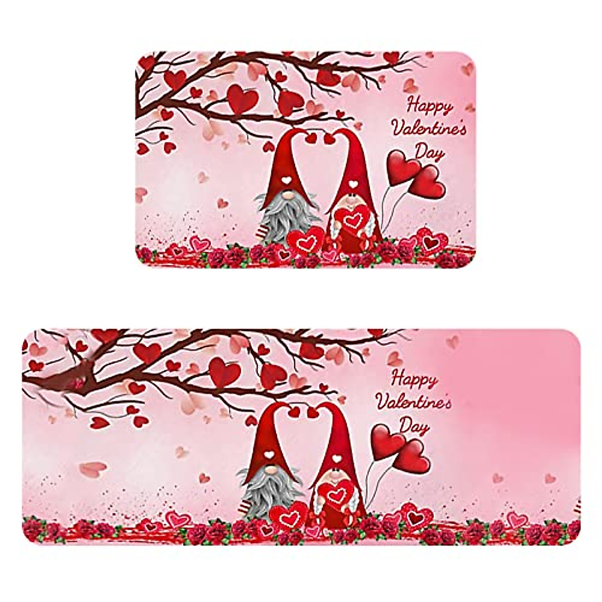 ROTORS Valentine's Day Pink Love and Gnomes Kitchen Rug Set 2 Piece, Cushioned Anti-Fatigue Kitchen Floor Mats Waterproof Easy to Clean, Comfort Standing Kitchen Mat Set with Non-Slip Latex