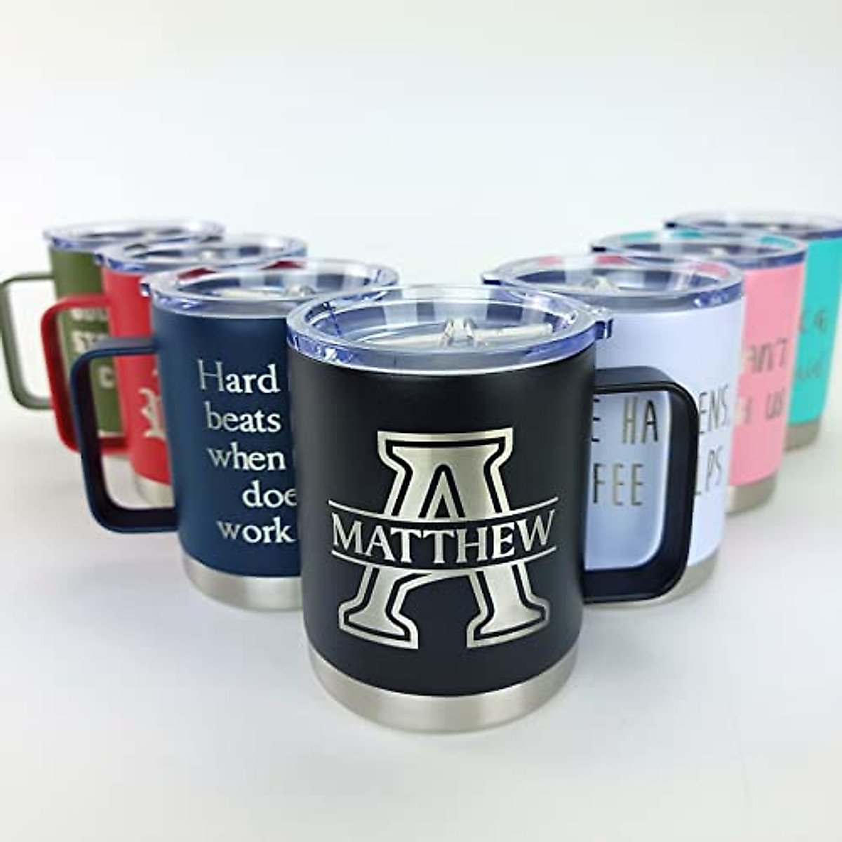 Personalized Insulated Coffee Mug with Lid - 12 oz -Customize with Name or Text - Custom Travel Cup